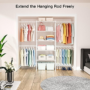 Ulif M2 Closet Organizer System, 5.9 Feet Height Mounted to the Wall Garment Rack with 4 Expandable Hanger Rods, 5 Shelves in 23.6" L x 14.5" W, Suit Total Space from 5.8-8.8 ft, White