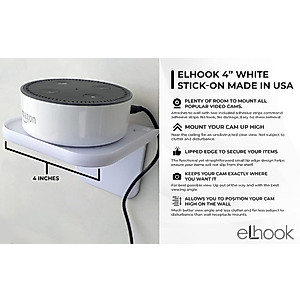 eLhook Made in USA White Stick-On Wall Shelf: Durable ABS Plastic with Cable Management for Indoor Security Camera, Textured Finish, Lipped Edges | Removable Adhesive Floating Design | Set of 2