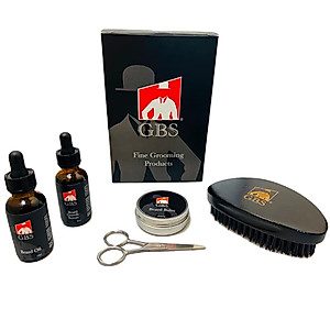 G.B.S Beard Care Grooming Kit For Men - Beard Oil, Beard Balm, Beard Growth Serum, Military Beard Brush, Mustache Trimming Scissors - Beard Styling Care Starter Gift Set for Men