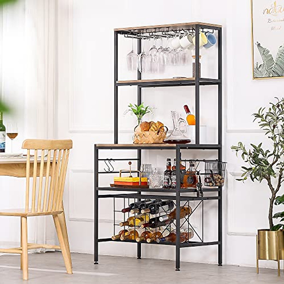 Coffee Bar Cabinet with Glass Holder,Wine Rack Freestanding Floor,Wine Rack Table with Mug Rack and Bottle Holder, Floor Liquor Wine Cabinet Storage, Multi-use Bar Cabinet for Home Kitchen Dining Room