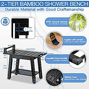 ETECHMART 2-Tier Bamboo Shower Bench, 24 Inch Spa Stool with Storage Shelf for Inside Shower Legs Shaving, Entryway or Bathroom, A-Shaped Shower Bath Seat for Seniors Adults Disabled Women, Espresso