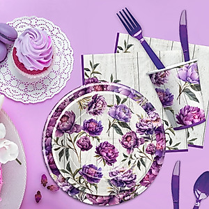 HIPVVILD Peony Party Decorations Dinnerware, Purple Peony Floral Party Supplies, Plate, Cup, Napkin, Cutlery, Tablecloth, Peony Flower Party Tableware For Birthday Bridal Baby Shower Wedding, Serve 24