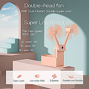 Bovisbws Portable Handheld Desk Fan,Dual-head fan with 3000 mAh Powerbank 20H Runtime,Duble Enhanced Airflow, Battery Operated or USB Powered Folding Personal Fan,3 Speeds,Rechargeable Mini Fan,White