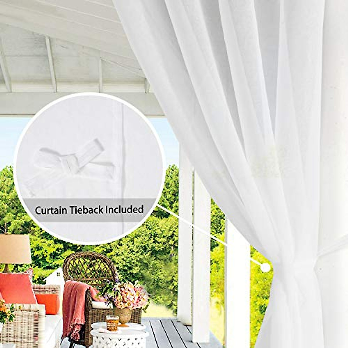 Hiasan Outdoor Sheer Curtain for Patio Waterproof Wind Blowing Curtains Panels with Grommet Top and Tiebacks in Porch Pergola Cabana Gazebo Deck Set of 2 Panels (W52 x L84,White)