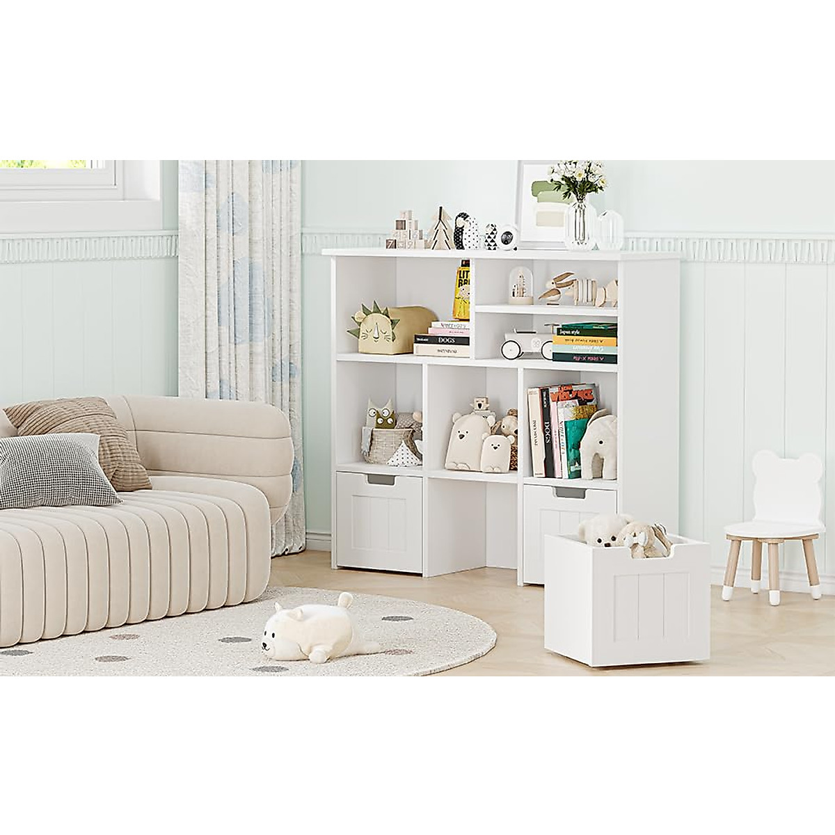 Knowfunn Toy Storage Cabinet with 3 Movable Drawers & 6 Cubes, Children's Toy Shelf Kids Bookshelf with Hidden Wheels, Kids Bookcase Toy Storage Organizer for Bedroom & Playroom & Nursery (White)