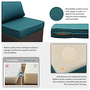 Outdoor Patio Dark Brown Rattan 7 Piece Sectional Furniture Set PE Wicker Conversation Sofa with Gas Fire Pit Square Steel Table and Non-Slip 5" Thick Peacock Blue Cushion