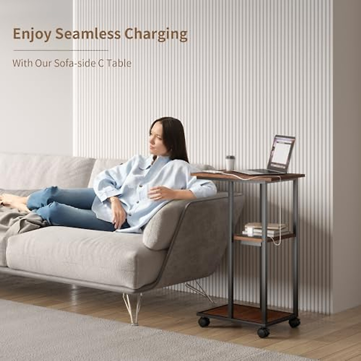 Homsorout C Shaped End Table - C Table on Wheels - Bedside Table with Wheels, Power Outlet and USB - Sofa Table for Living Room, Bedroom, Small Spaces - 27.2'' High, Brown