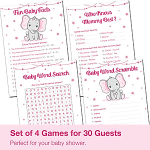Papery Pop Baby Shower Games for Girl - Set of 4 Games for 30 Guests - Double Sided Cards - Baby Shower Supplies - Elephant