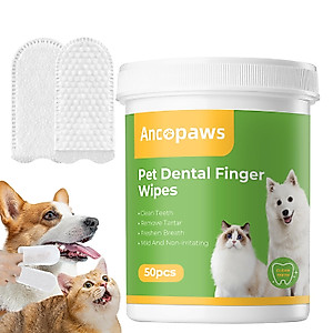 Ancopaws Teeth Cleaning for Dogs & Cats - Dental Care Finger Wipes to Remove Bad Breath - Pet Toothbrush Plaque and Tartar Remover - Tooth Brushing Kit (50 Count)