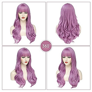 AISI QUEENS Long Purple Wigs for Women Purple Wig with Bangs Lavender Wig for Women Purple Wavy Wigs Purple Synthetic Heat Resistant Wigs for Daily Cosplay Party Winter Holiday Wig (26inch, Purple)