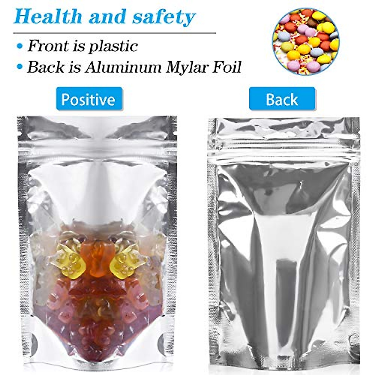 200 Pack - 4"x6" Stand Up Clear Silver Reclosable Mylar Bags for Food Storage, 7.8-mil Aluminum Foil Packaging, Plastic Zipper Food Coffee Candy Storage, Foil Grip Seal Zip Lock Wrap Smell Proof Bags