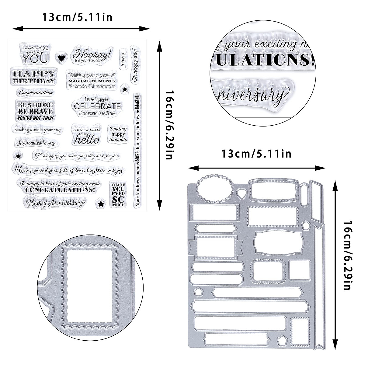 Sucrain 2pcs Metal Dies Cut and Clear Silicone Stamp, for Card Making Paper Craft Scrapbooking Album DIY, Sentiment Words Stencils Carbon Steel Embossing Template