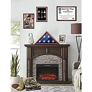 DecoWoodo Flag Box Display Case for 3'x5' Folded American Flag (Not for Burial Flag) - Wooden Military Veteran Flag Shadow Box with HD Tempered Glass, Wall Mounted Triangle Flag Frame, Brown