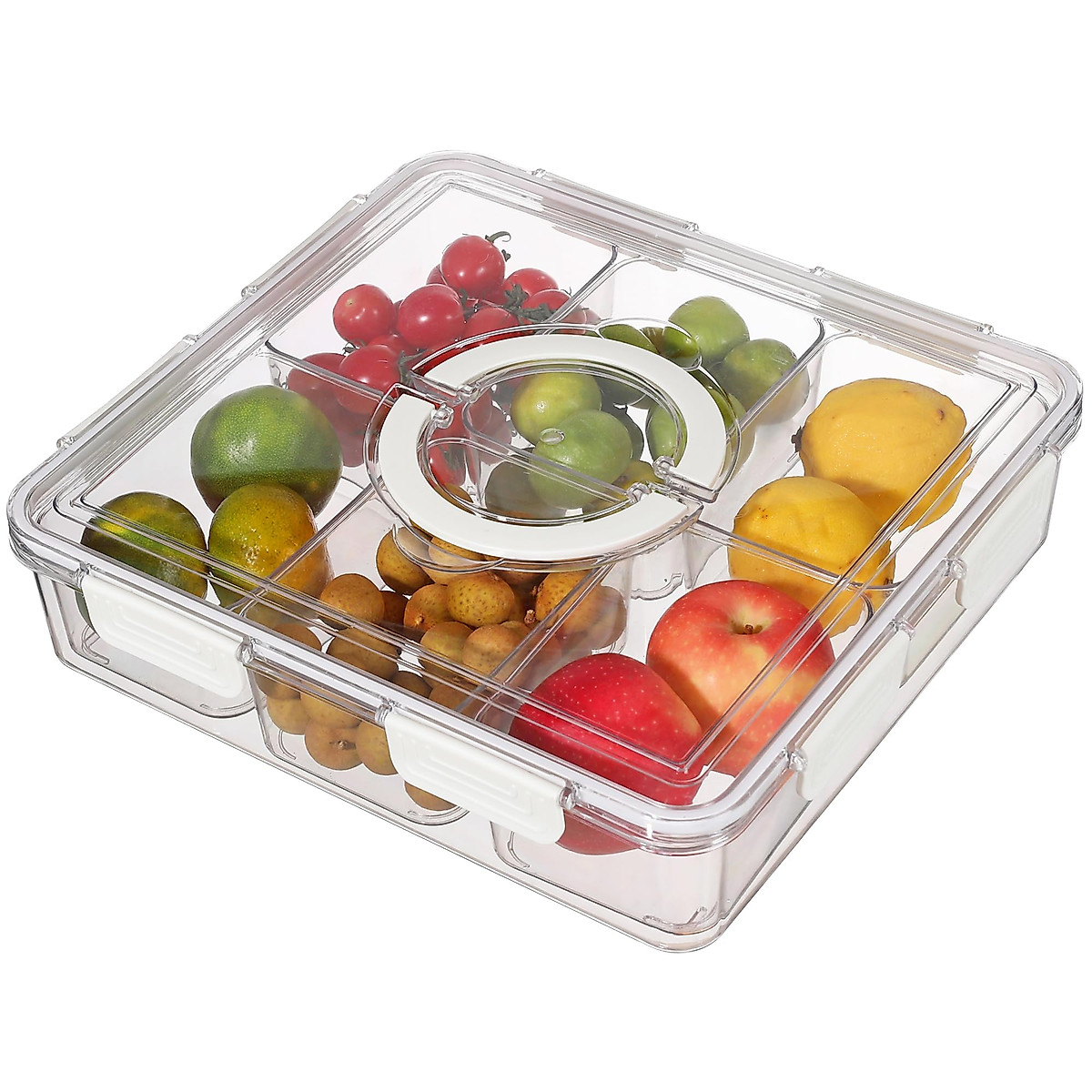 Divided Serving Tray with Lid Handle, Snackle Box Charcuterie Container, 6 Compartment Removable , Airtight Snack Box Container, BPA-Free Fruit Storage Container for Berry, Snack, Candy, Nuts