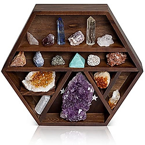 ENSO SENSORY Tsuki Crystal & Rock Display Shelf - Hexagon Floating Wall Shelves with Cresent Moon Design for Rocks, Crystals, Oils, Stones, Plants - Honeycomb Geometric Shape Home Decor