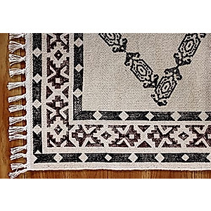 Casavani Hand Block Printed Rug Geometric Brown & Black Tassel Rug Easy Care Washable Rugs for Doormat Entryway Living Room Bedroom Hallway Balcony 9x15 Feet