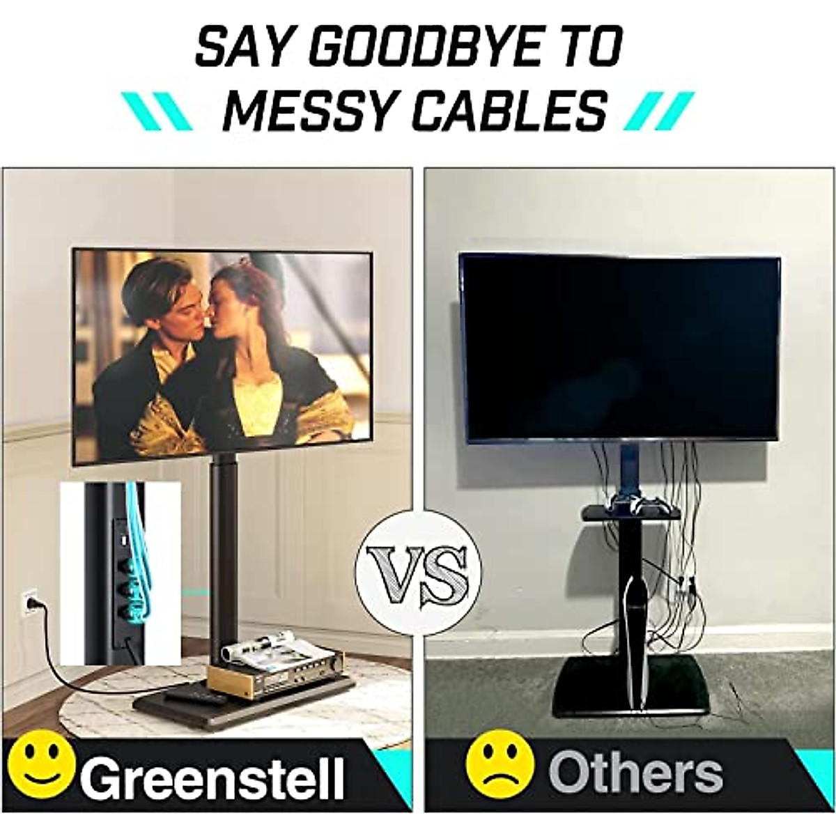 Greenstell TV Stand with Power Outlet, Universal Floor TV Stand for 32-70 inch TVs, Height Adjustable, Swivel Tall TV Stand with Soild Wood Base, Holds up to 110 LBs, Max VESA 600x400mm