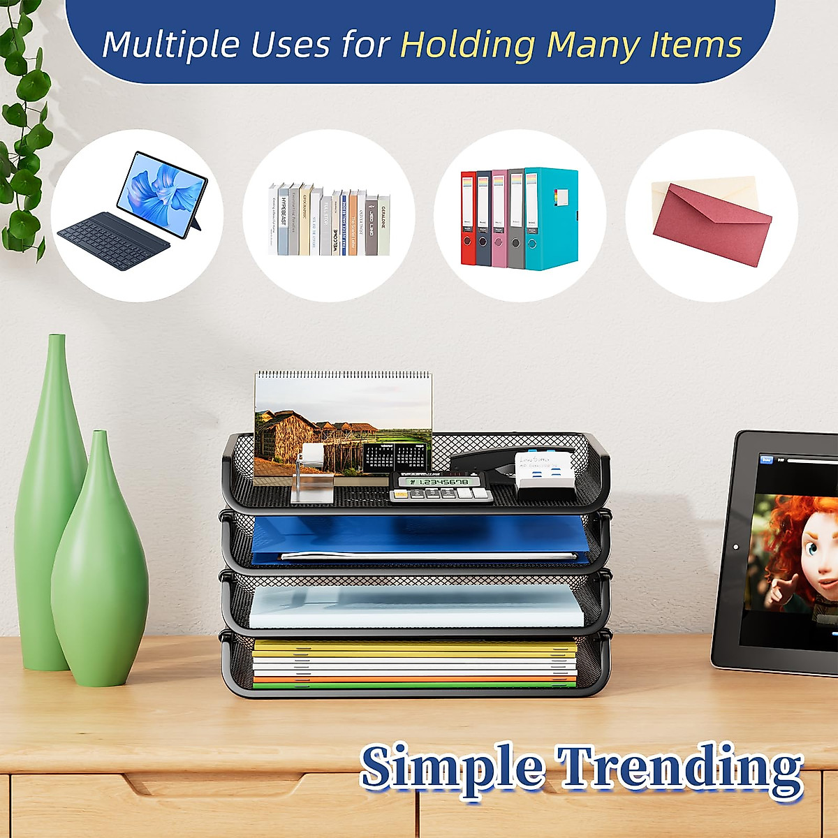 4 Pack - Simple Trending Stackable Office Desk Supplies Organizer, Desktop File Document Letter Tray Holder Organizer, Black