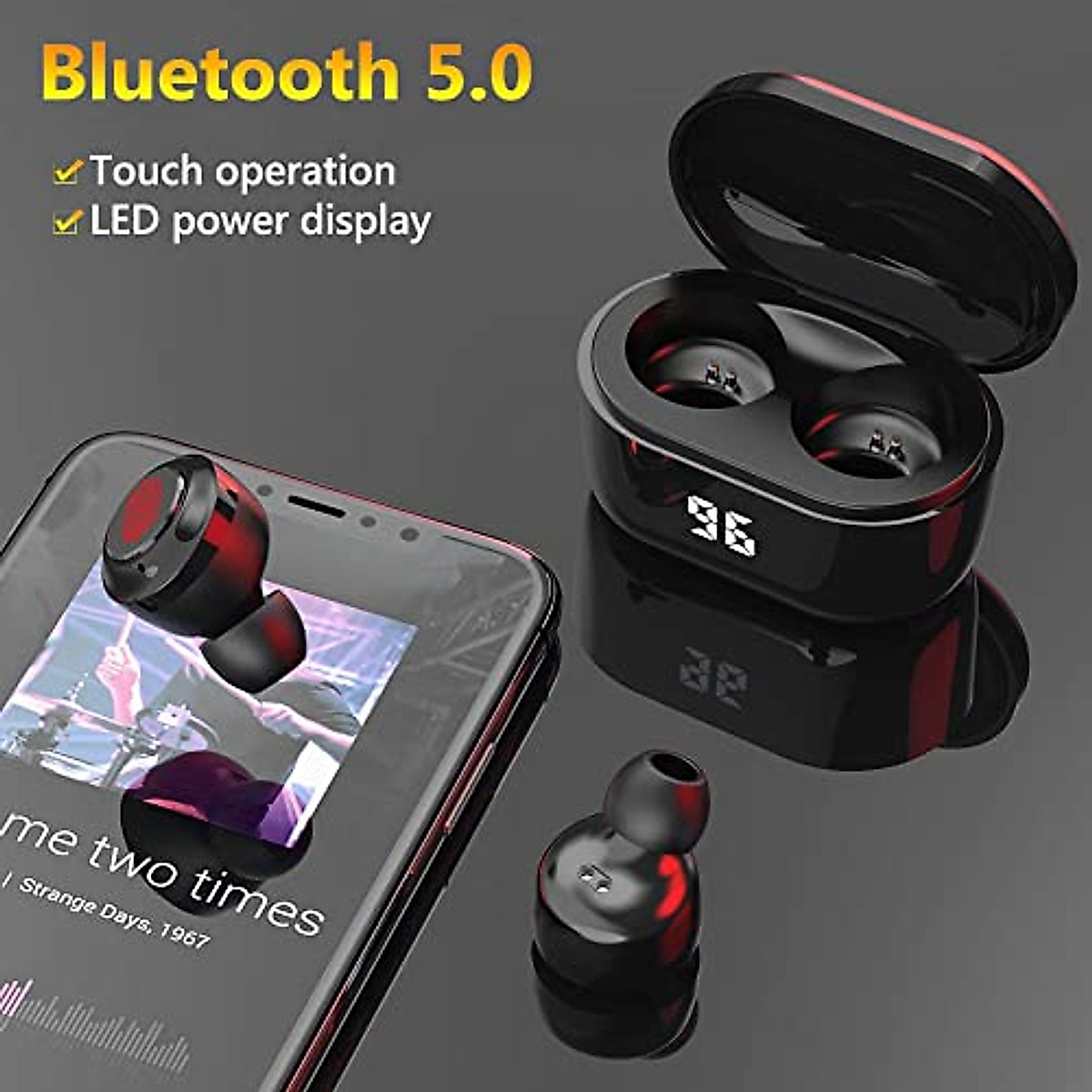 Lopeceal Wireless Earbuds Bluetooth Earbuds Headphones 5.0 Sports Headsets in-Ear Stereo with Digital LED Power Charge Box Noise Cancelling for Workout Home Office Running Black