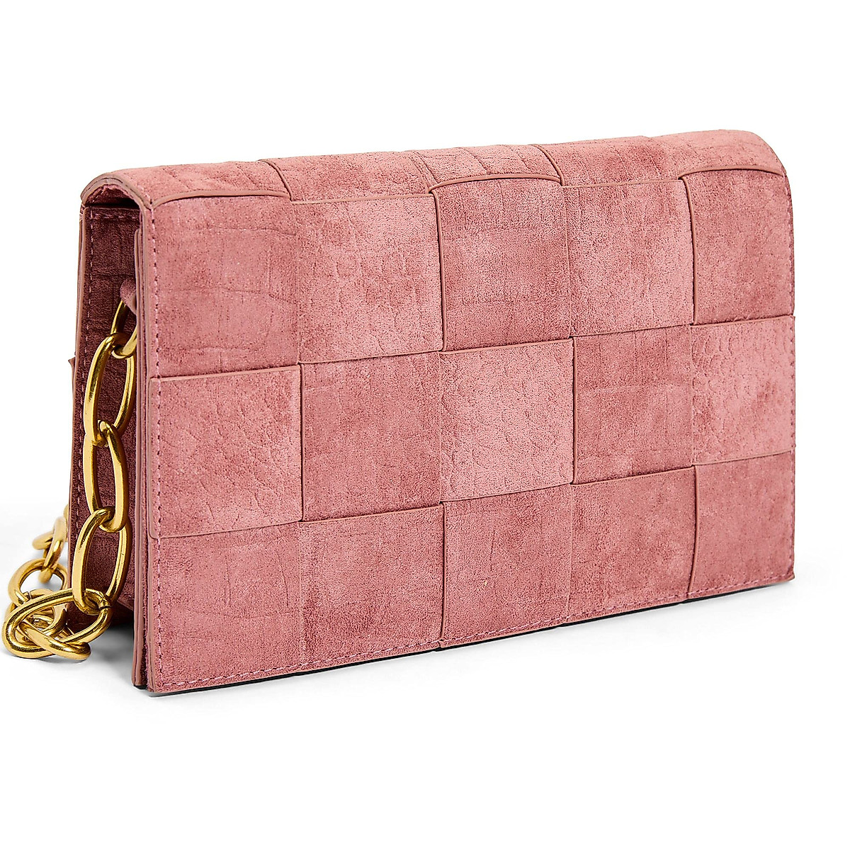 Like Dreams Women's Gold Chain Link Padded Fashion Hailey Woven Suede Crossbody Handbag (Mauve)