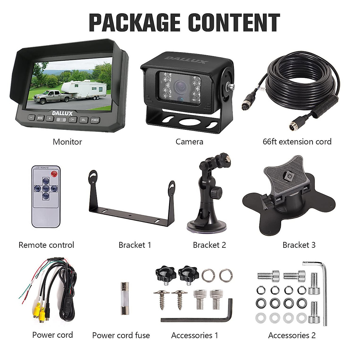 DALLUX Heavy Duty Vehicle Truck Bus Backup Camera System,Waterproof Night Vision Rear View Camera with 7 inch Monitor+66ft 4 PIN Camera Cable for Bus Truck Van Trailer RV Campers Motor Home(12V 24V)