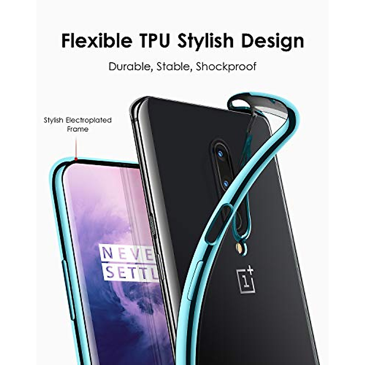DTTO for Oneplus 7 Pro Case, Soft TPU Clear Stylish Cover All-Round Protection Anti-Falling Case with Metal Luster Edge for Oneplus 7 Pro,Sky Blue