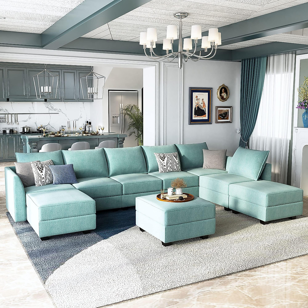 HONBAY Oversized Modular Sectional Sofa with Storage Reversible Sectional Couch Modular Sofa with Chaise U Shaped Sectional Set with Ottoman for Living Room, Aqua Blue