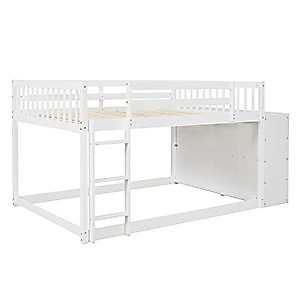 Full Over Full Bunk Bed with Storage Drawers and Shelves Wood Floor Bunk Beds with Cabinet for Kids Girls Boys, Teens, Adults, White