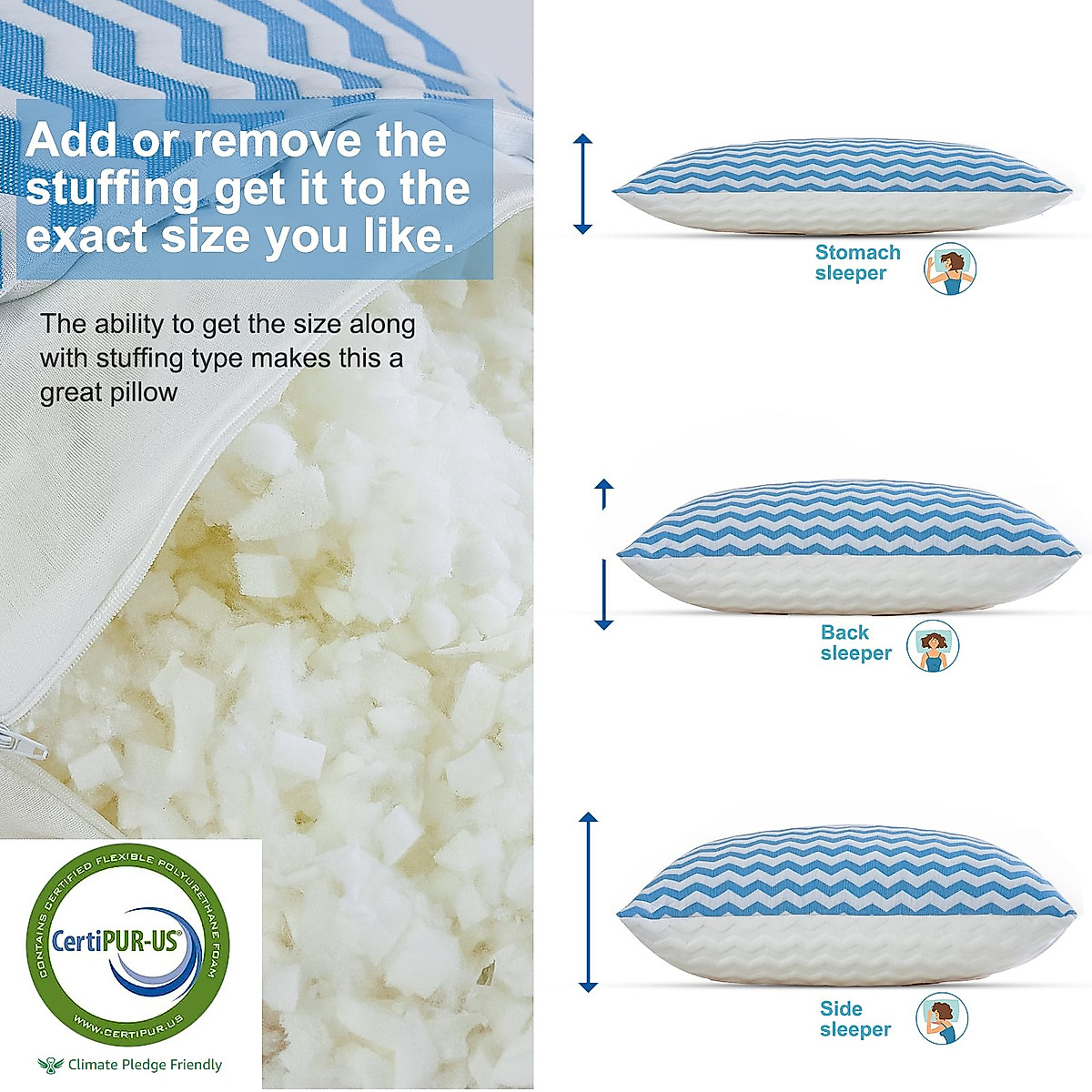 King Size Pillows - Adjustable Firm King Pillows for Back Stomach and Side Sleeper- Shredded Memory Foam Cooling Pillow for Neck and Shoulder Pain with Washable Cover and Bonus Foam Fill