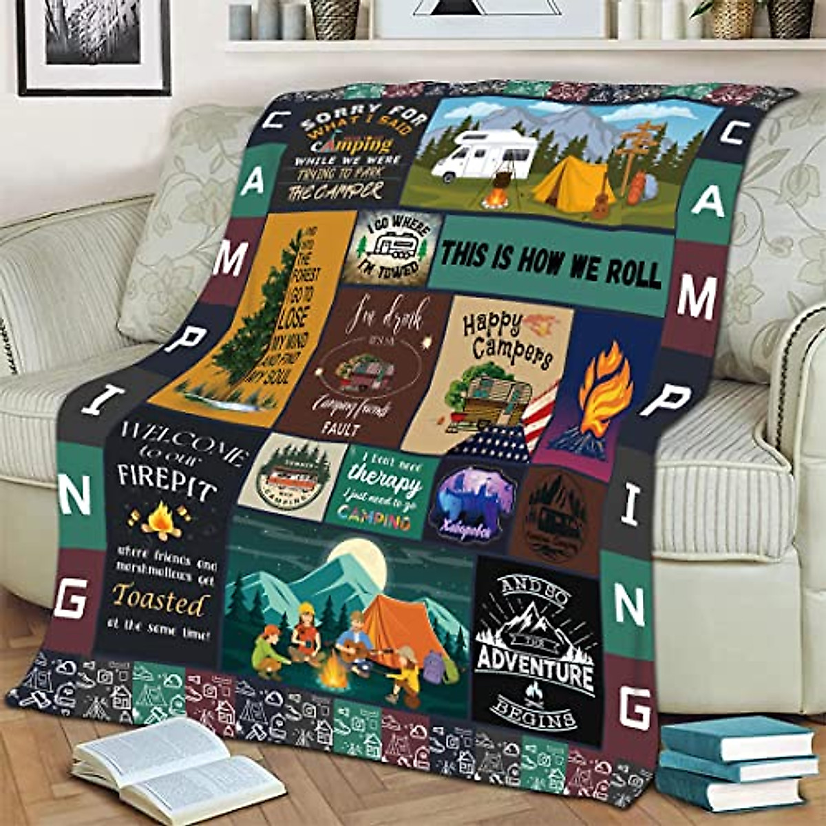 Camper Blanket Camping Lovers Gift Ideas for Men Women, Camping Campsite - Camping Blanket for RV Travel Hiking - Camper Decor - Camp Gift,Super Soft Throws Flannel Fleece Blankets Gifts for Camper