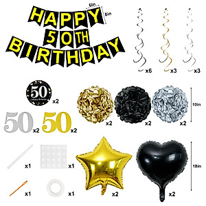 RUBFAC 50th Birthday Decorations for Men, Black Gold Happy Birthday Party Decorations Set for Men Women, 50th Birthday Party Supplies