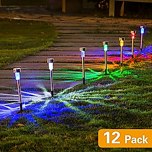 Wellgium Solar Lights Outdoor, Solar Lights Garden Lights Landscape Lighting Pathway Lights for Lawn Patio Stainless Steel-12 Pack(6 Colors)