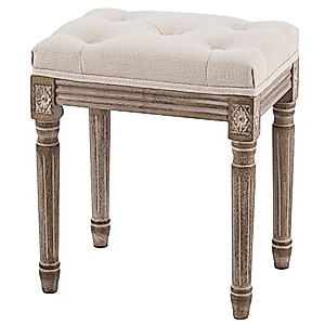 VONLUCE French Vintage Foot Stool with Rustic Wood Legs and Padded Seat, Upholstered Vanity Stool Piano Stool and Entryway Bench, Tufted Fabric Ottoman Stool for Bedroom Living Room More, Beige