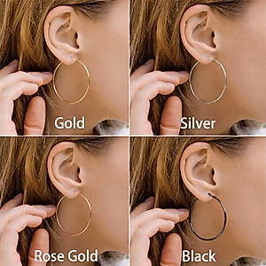 4 Pairs Fashion Big Hoop Earrings, Lightweight Large Hoop Earrings Hypoallergenic 14K Gold Plated Big Hoops for Women (50mm- 14K Gold, Rose Gold, Silver, Black)