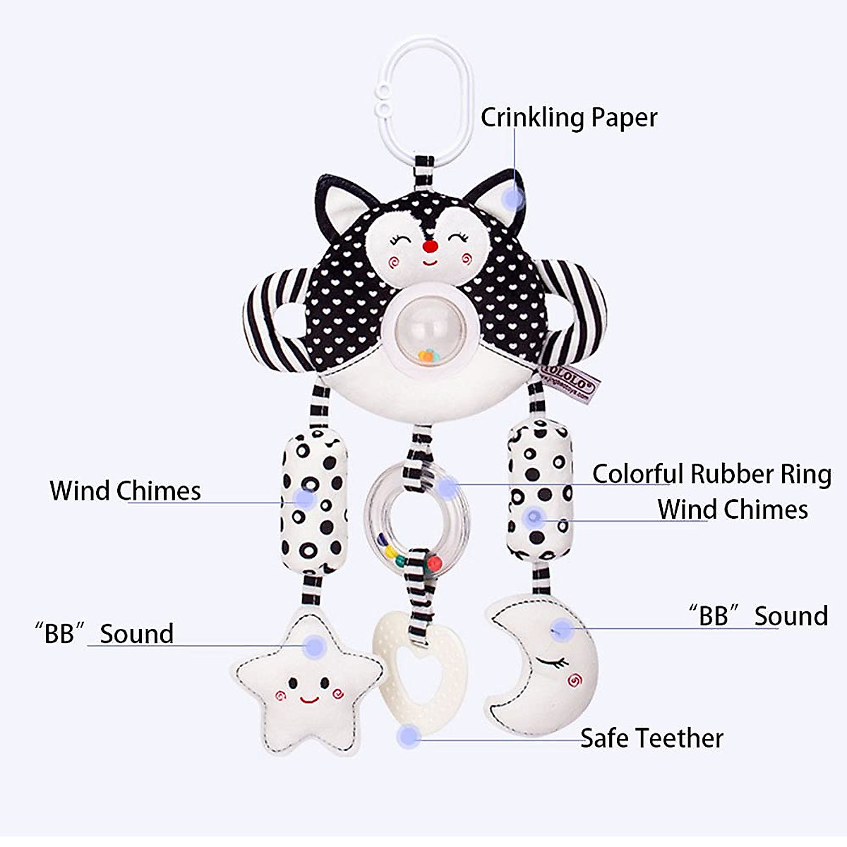 D-KINGCHY Baby Stroller Hanging Toy, Baby Toys 0-12 Months, Infant Toys Soft Plush Car Seat Toys with Teether Sound Wind Chimes, Black and White Toys for 0, 3, 6, 9, 12 Months (Fox)