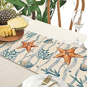 Seliem Summer Sea Starfish Conch Coral Table Runner, Coastal Ocean Wave Stripes Kitchen Dining Table Decor, Nautical Spring Seasonal Beach Home Decoration Indoor Outdoor Party Supply 13 x 72 Inches