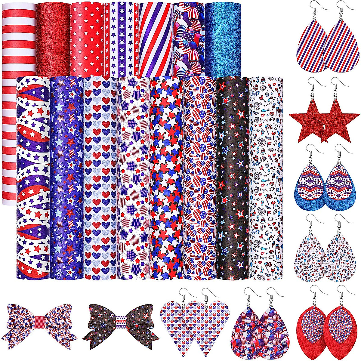 15 Pieces Labor Day American Flag Faux Leather Sheets Glitter Sequins Synthetic Leather Sheets DIY Faux Leather Fabric Making Earrings Bows DIY Crafts, 8.3 x 6.3 Inch (Classic Style)