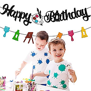 Painting Happy Birthday Banner Slime Bday Decoration Spray Graffiti Drawing Art Artist Painter Brush Palette Themed Happy Birthday Decoration for Girl Boy Kids Children Birthday Party Supplies