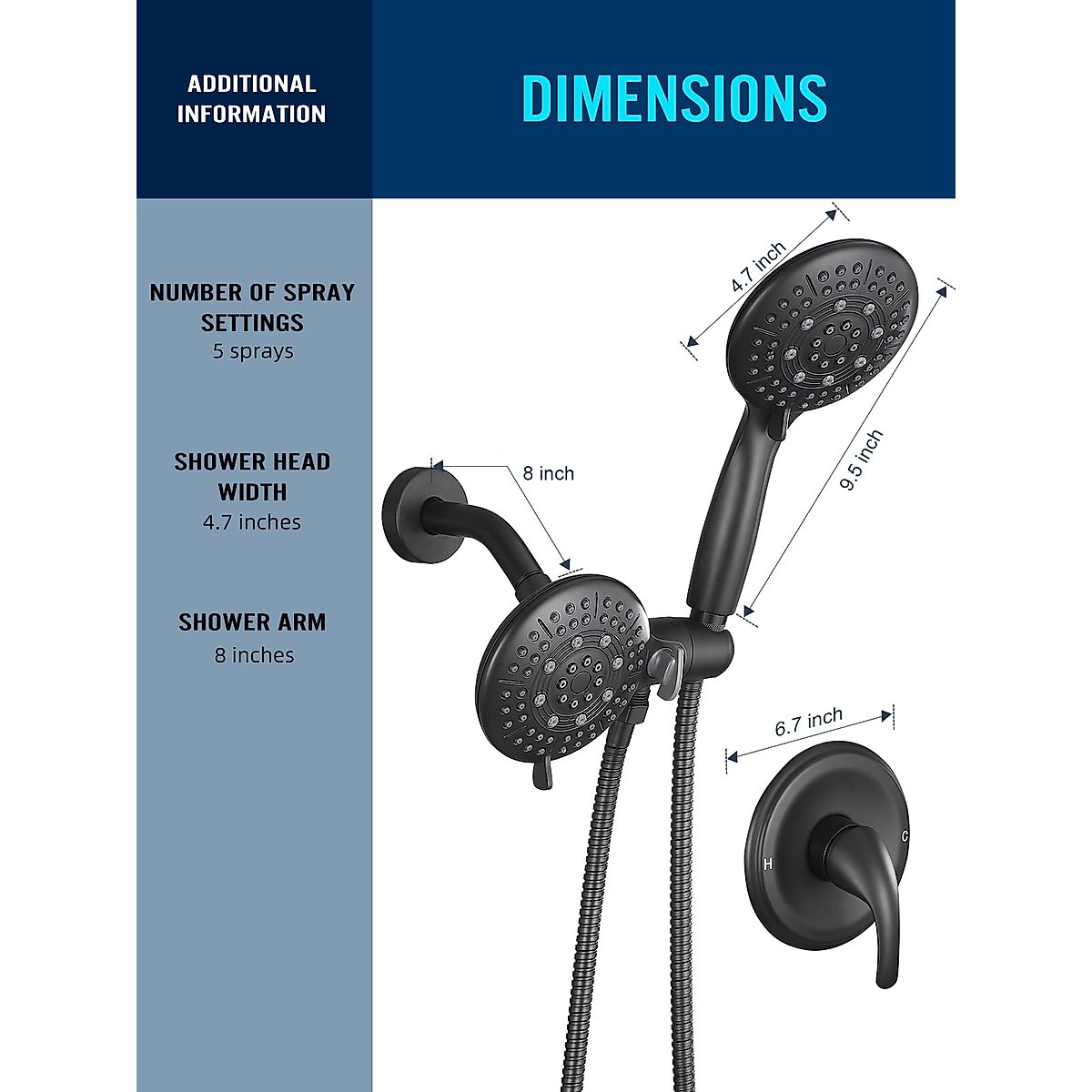 Cobbe Shower Head with handheld, High Pressure Shower Faucet Set with Hose Adjustable Bracket Rubber Washers, Dual 2 In 1 Shower System matte black(Valve Include)