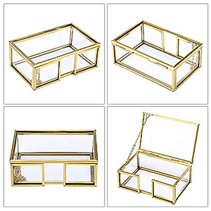 Hipiwe Glass Business Card Holder Box with Lid - Desktop Name Card Display Box Organizer Gold Metal Business Card Container Box for Office Countertop