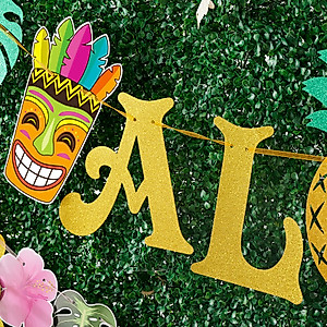 WERNNSAI Hawaiian Aloha Party Banner Decorations - Flamingo Pineapple Tiki Tropical Luau Party Supplies Favors Large Gold Glittery Aloha Sign Flag for Birthday Wedding Summer Beach Pool