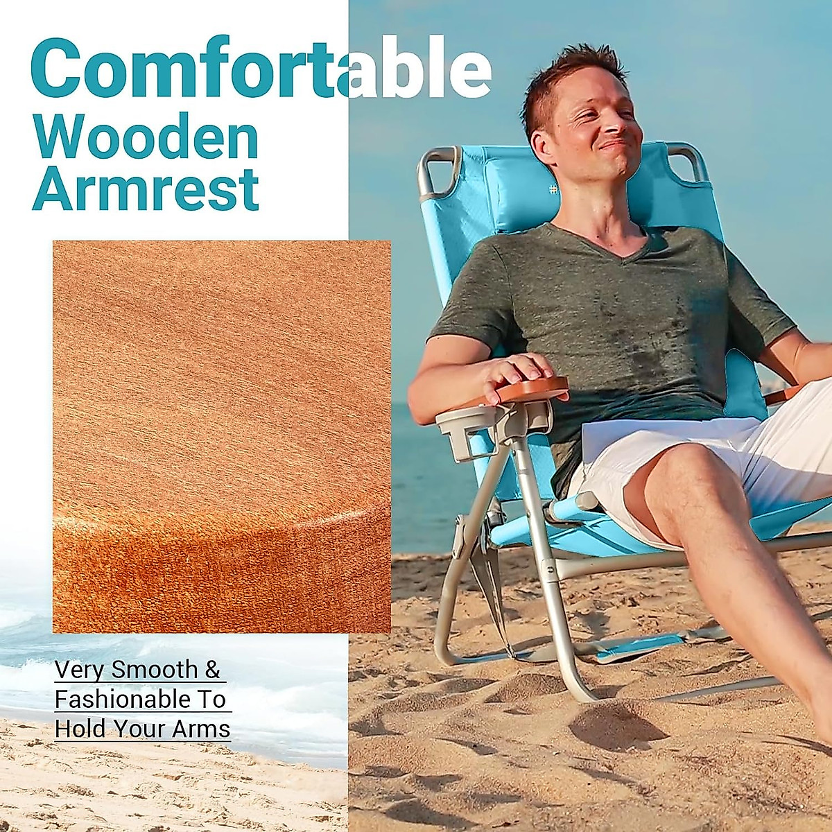 #WEJOY Oversized Beach Chair, 5 Adjustable Reclining Folding Backpack Beach Chairs for Adult, High Back Seat Chair with Bottle Opener,Handle Strap,Phone&Cup Holder for Camping Sand,300 Lbs