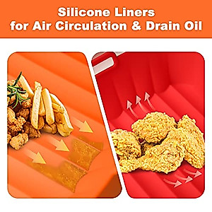 2-Pack Air Fryer Silicone Liners Square, 8.3 inch Silicone Air Fryer Basket or Liners for 4 to 8 QT Reusable Air Fryer Pot for Oven Microwave Accessories (Red+Orange)