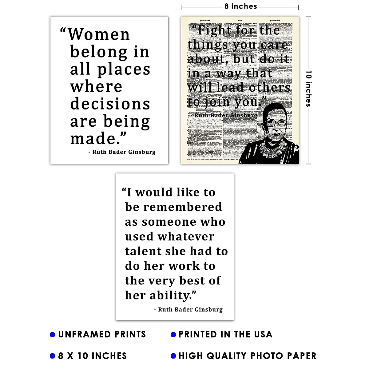 Inspirational Ruth Bader Ginsburg Wall Art - Set of 3, White, 8x10 RBG Poster, RBG Wall Art & Motivational Wall Art, Positive Affirmations Wall Decor for Bedroom & Office Decor for Men & Women