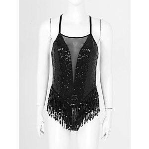 WinChang Womens Mesh Splice Sequin Leotard with Fringe for Latin Dance Gymnastics Bodysuit Black A Small