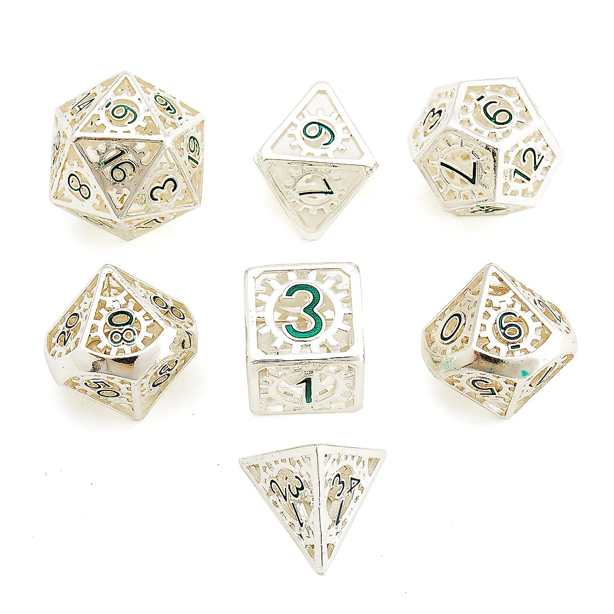 Hollow Metal DND Dice Set of 7 Uniquely Designed Polyhedral D&D Dice Set with Gift Metal Box and Numbers for Dungeons & Dragons RPG Role Playing and Pathfinder Dice Games(White-2)