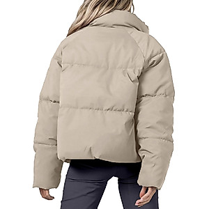 URMOSS Women's 2024 Winter Cropped Puffer Jacket Long Sleeve Stand Collar Oversize Lightweight Zip Up Short Down Coat with Pockets(Khaki,M)