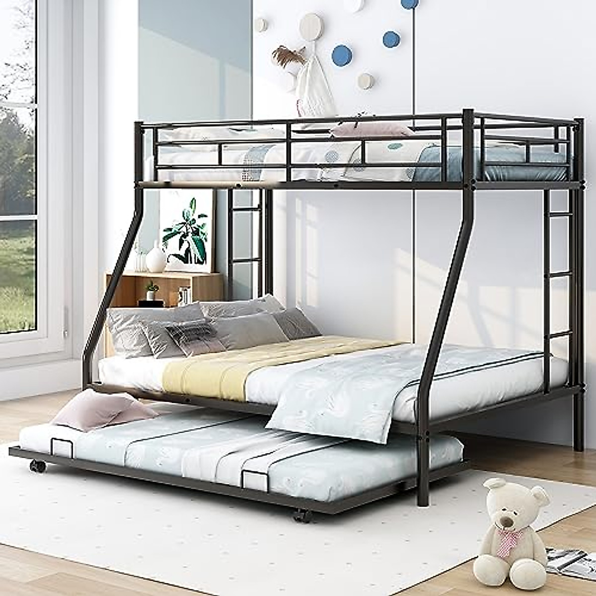 Merax Twin Over Full Triple Bunk Bed with Trundle:Triple Bunk Beds, Sturdy Steel Bunk Beds Frame for 3 Kids/Teens with Two Side Ladders and Safety Guard Rail,Black
