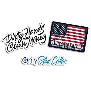 Sticky Expressions | Only Blue Collar, Dirty Hands Clean Money Sticker & American Flag Hard Hat Stickers for Men (3 Pcs) – Durable, Waterproof Hard Hat Stickers for Men.