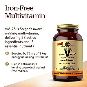 Solgar Iron-Free Formula VM-75,Multivitamin with Chelated Minerals - Vitamin A, B6, B12, C, D, EBiotin, Magnesium, Calcium, Zinc - Vegan, Gluten & Dairy Free, Kosher - 180 Count(Pack of 1)